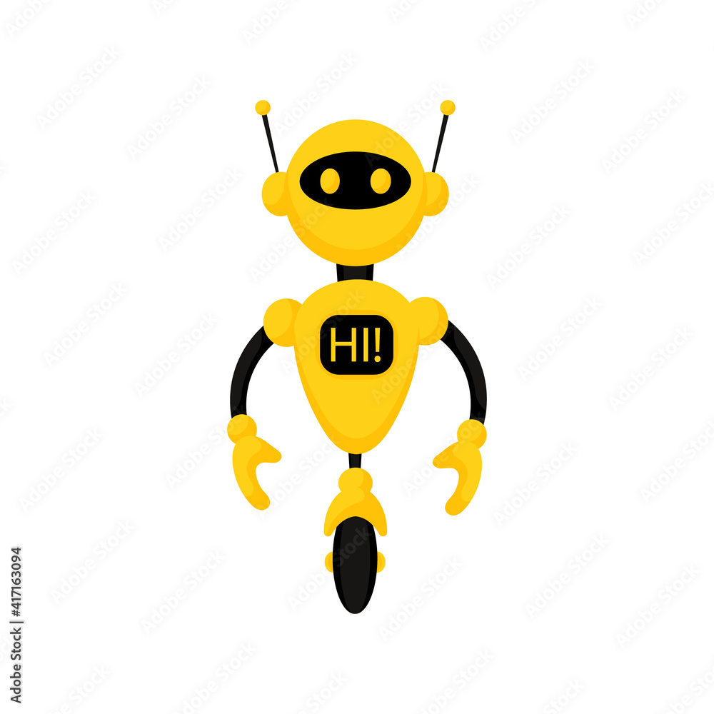 Cute yellow robot character isolated on white background. Friendly ...