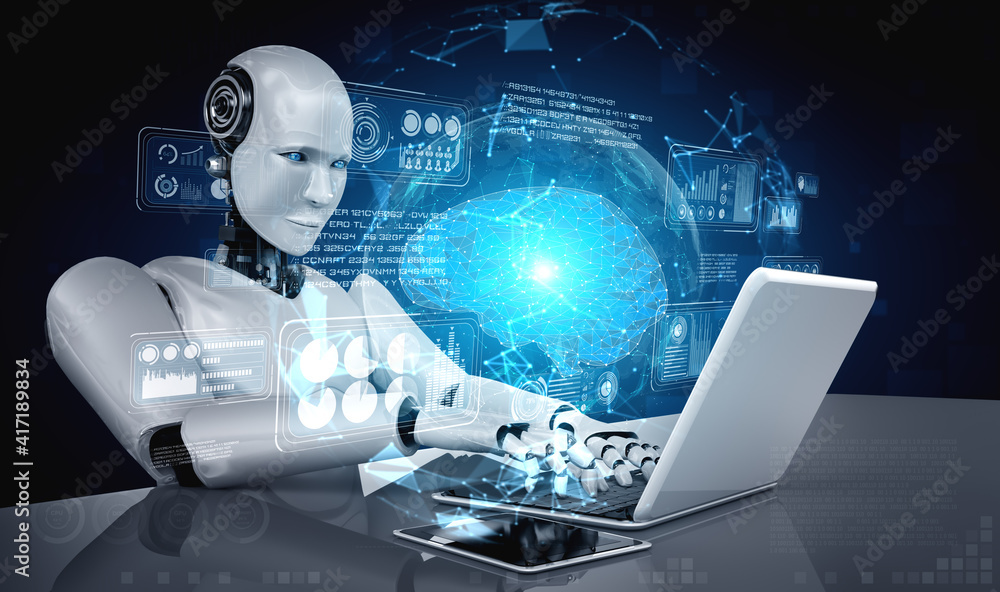 Robot humanoid use laptop and sit at table for big data analytic using ...