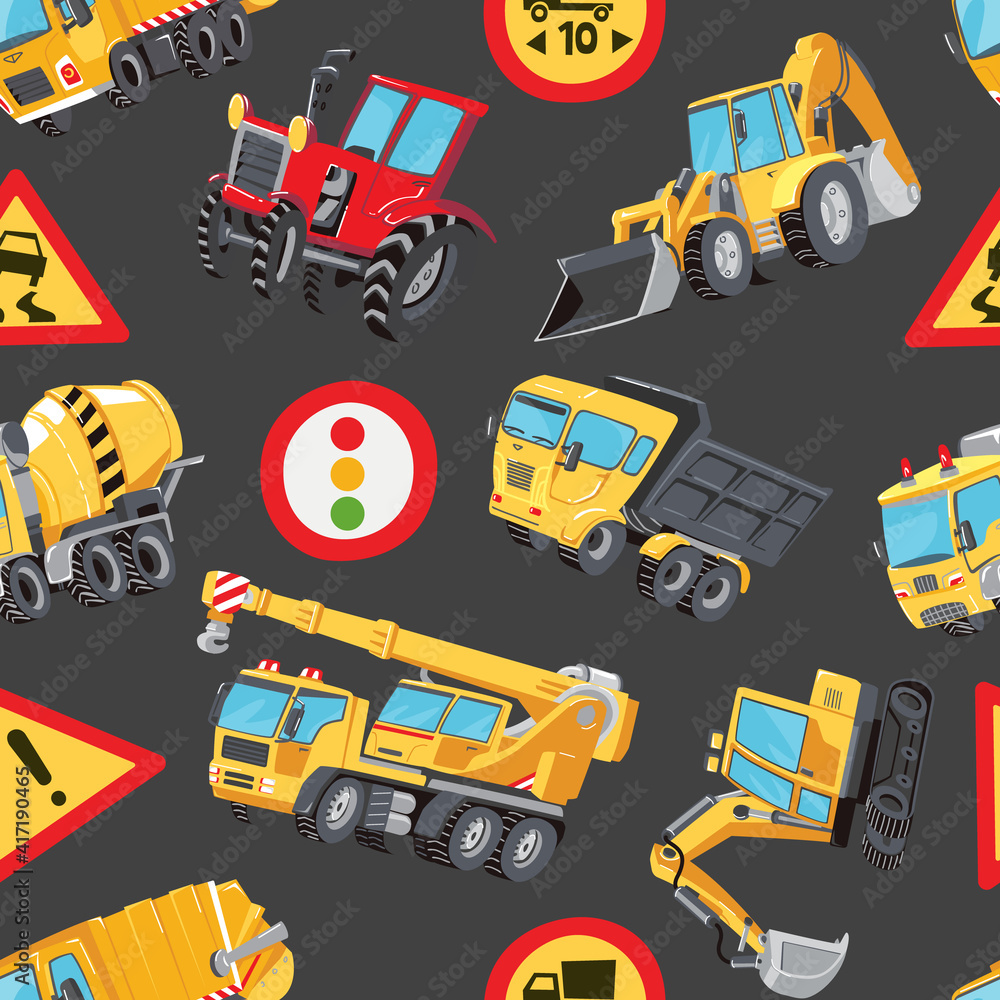 Seamless pattern with colorful toy Trucks, Cars and Road Signs. Red ...