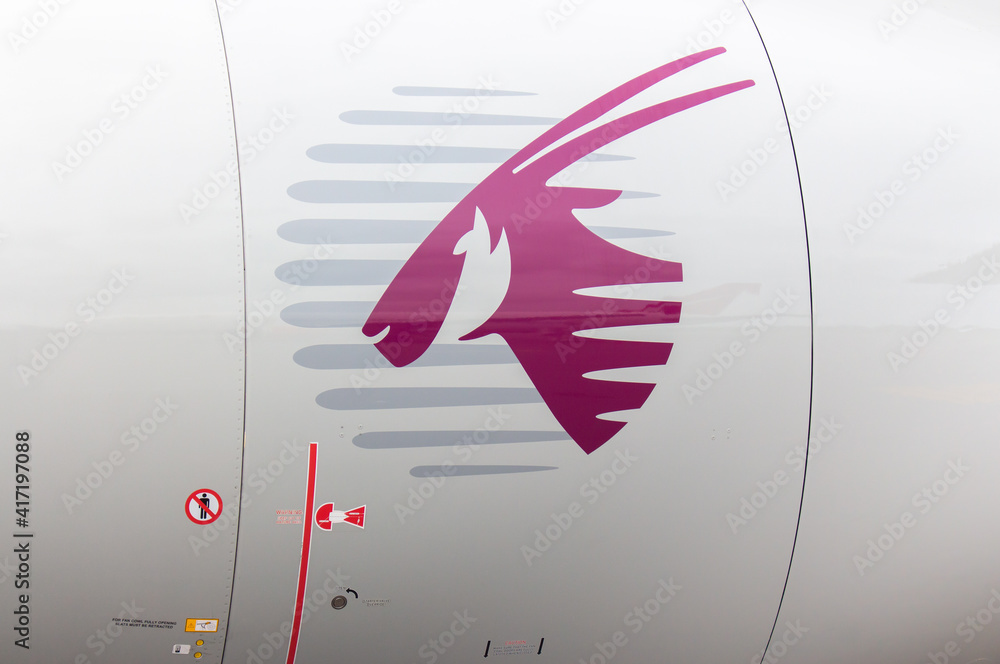02.20.2021 - Doha, Qatar: Qatar Airways symbol on airplane. Qatar ...