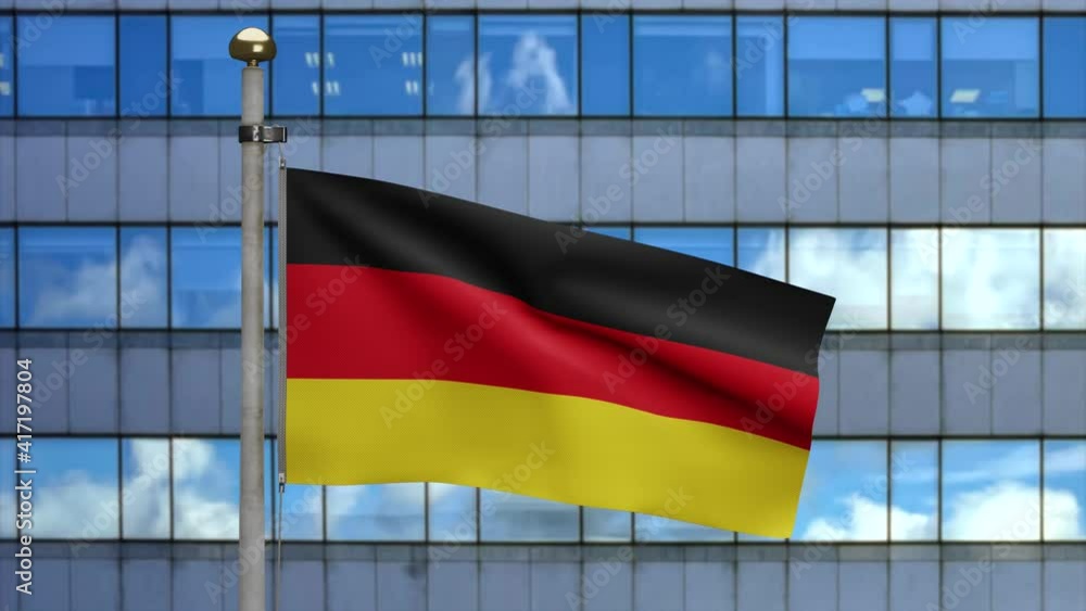 3D illustration German flag waving on corporate landmark skyline in a ...