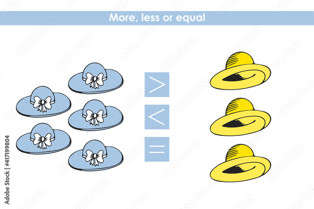 More, less or equal, compare the number of hats. Counting game ...