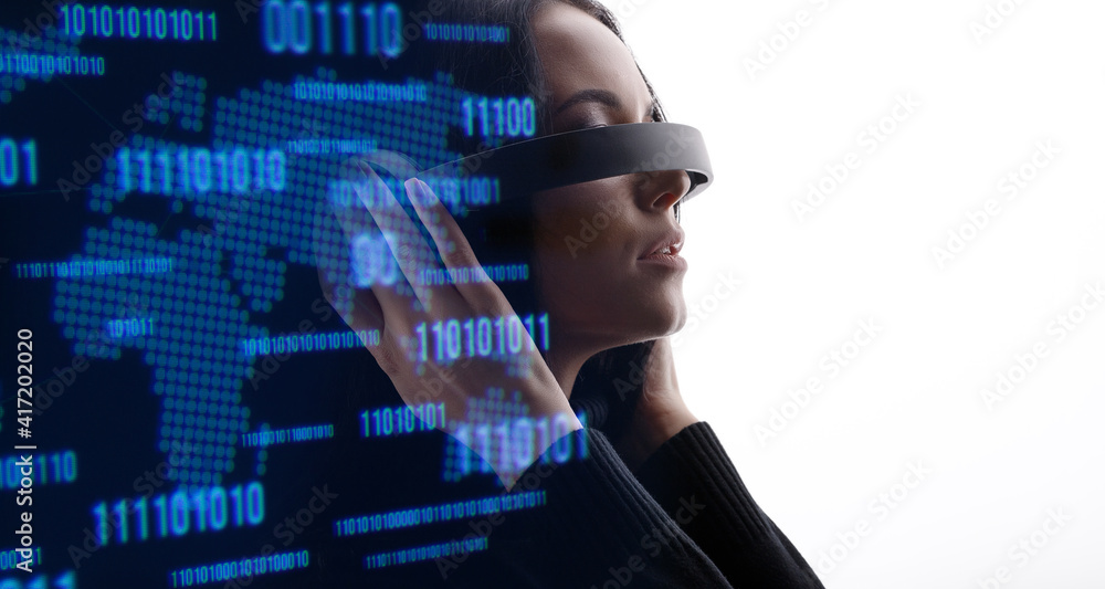 Double exposure of woman and futuristic holographic interface to ...