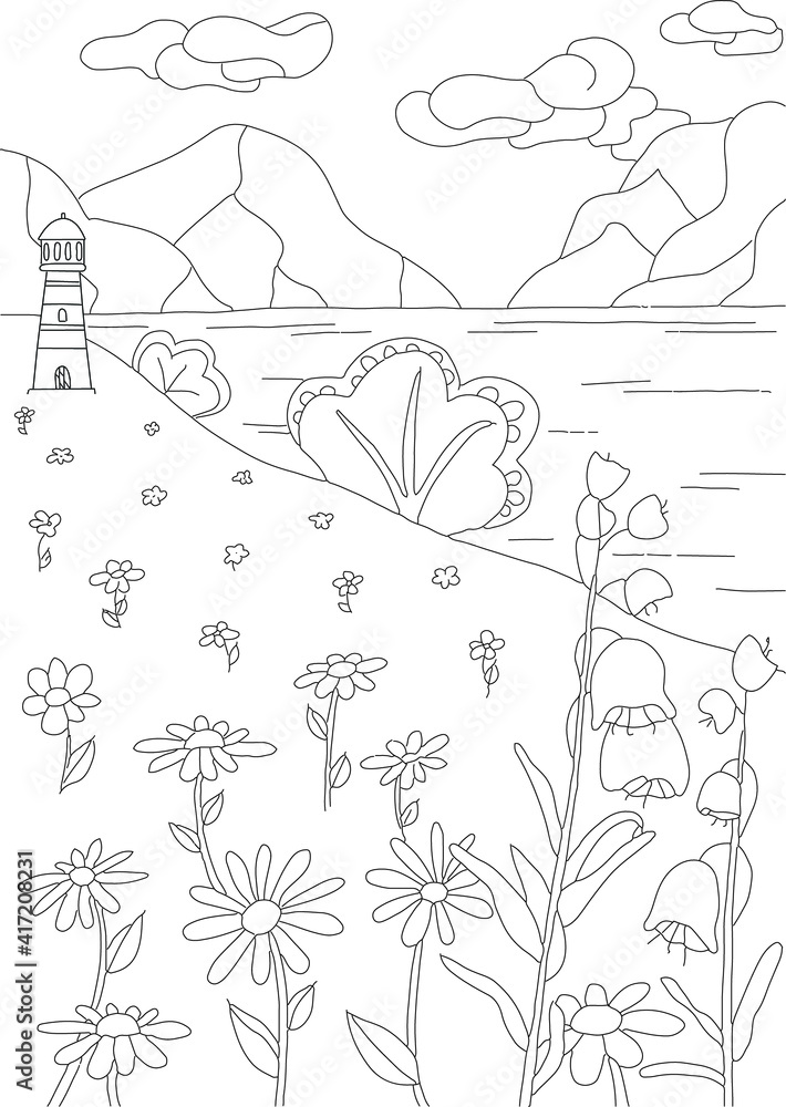 Hand drawing coloring page for kids and adults. Wild nature beach and ...