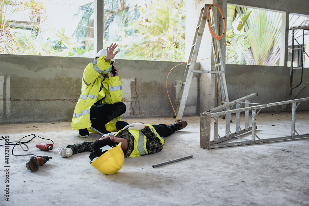 Work accidents of worker in workplace at construction site area and ...