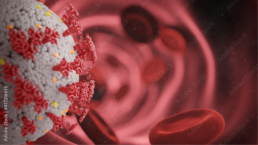 Coronavirus and red blood cells as 3d illustration Stock Illustration ...