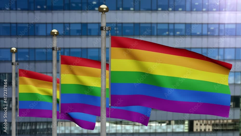3D illustration Pride gay flag waving in a modern skyscraper city ...