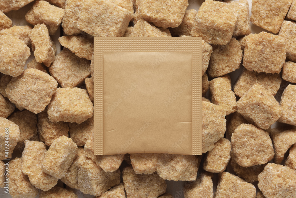 Blank brown paper sachet pack on sugar cubes. 3D rendering and photo ...