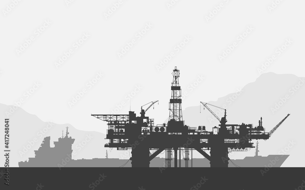 Sea offshore oil drilling rig and tanker silhouettes. Detail black and ...