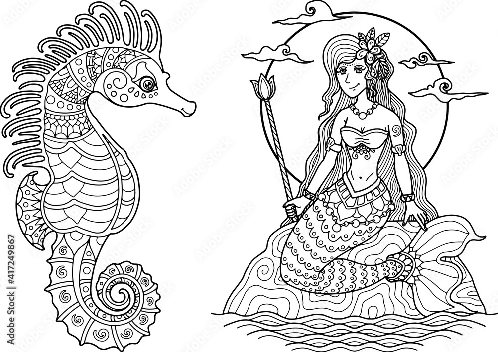 sea life set coloring page mandala design. print and t-shirt design ...