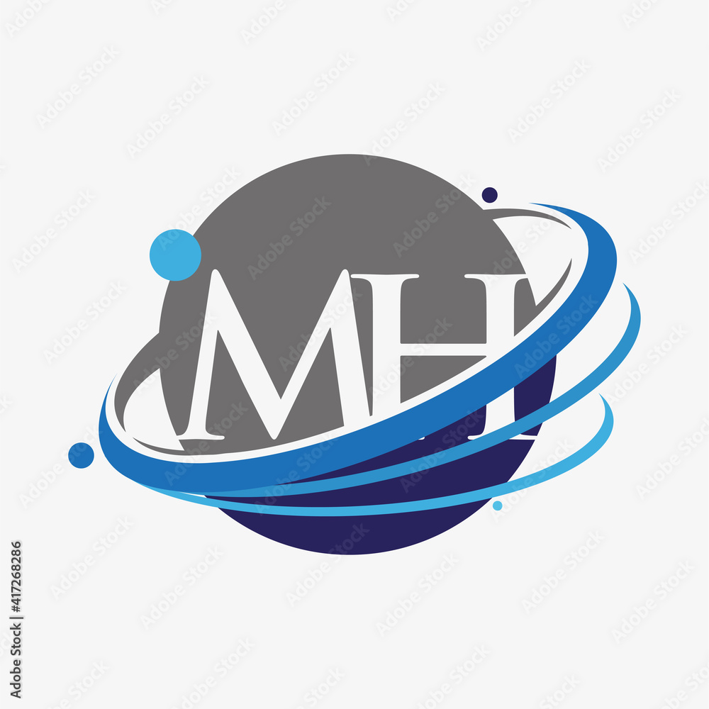 initial letter MH logotype company name colored blue and grey swoosh ...