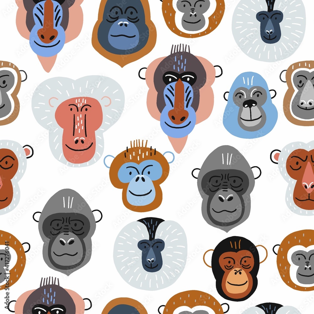 Cute vector primates in flat style. Chimpanzee, Orangutan, Gorilla ...