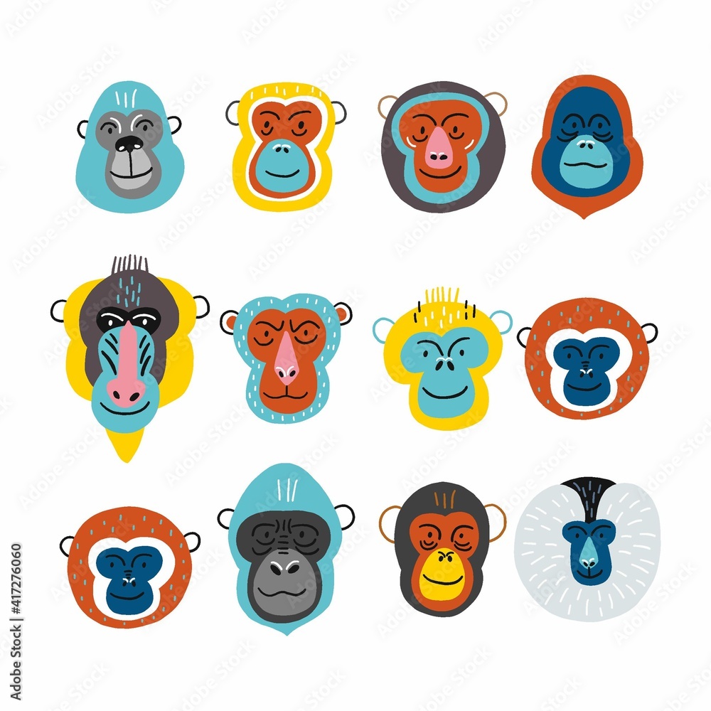 Cute vector primates in flat style. Chimpanzee, Orangutan, Gorilla ...