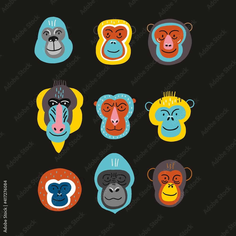 Cute vector primates in flat style. Chimpanzee, Orangutan, Gorilla ...