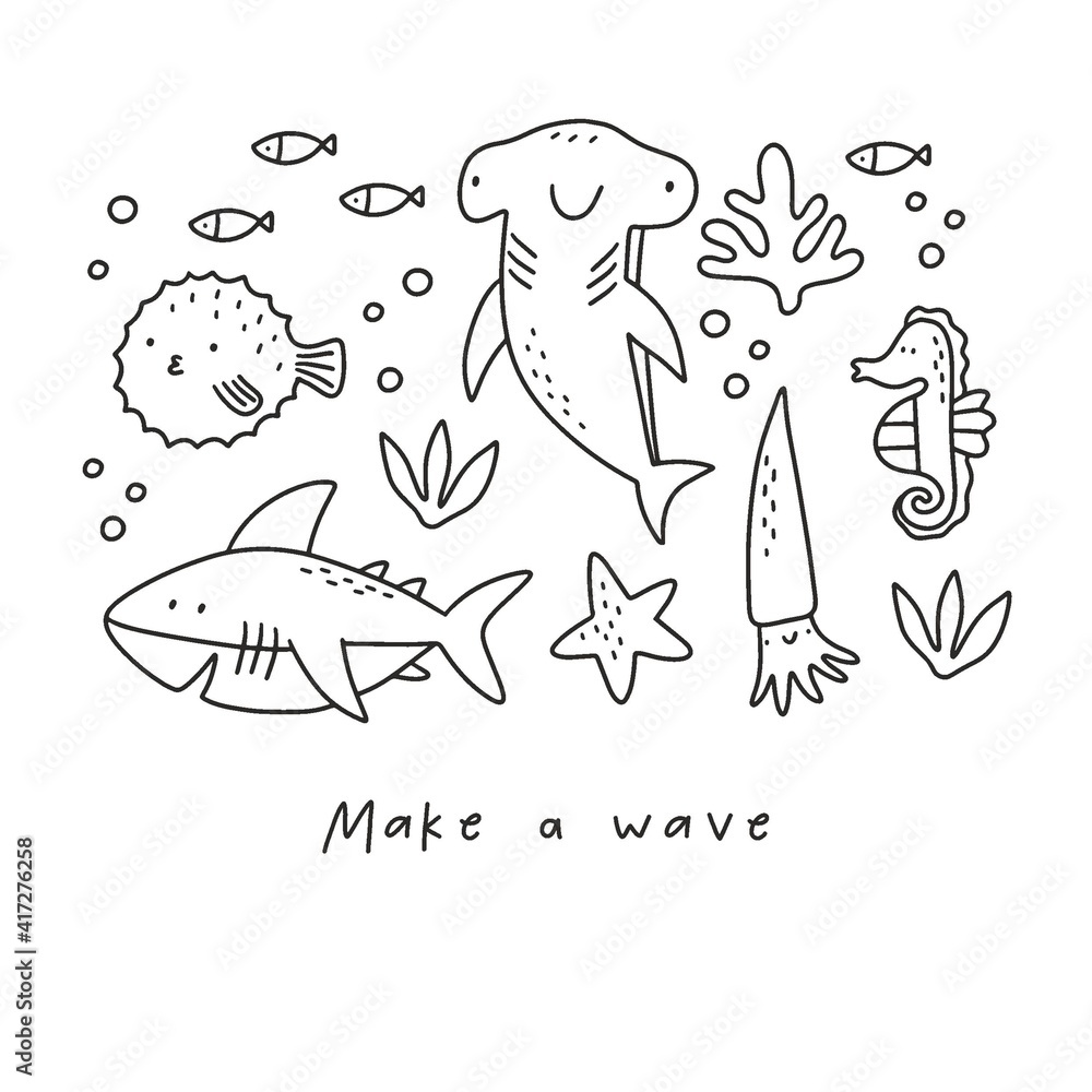 Cute shark in doodle style. Vector print for little kids Stock Vector ...
