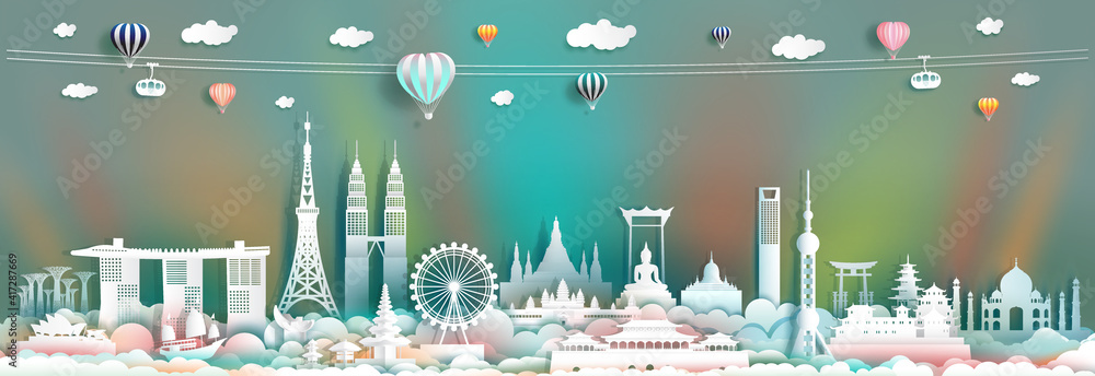Travel landmarks Asia with colorful cityscape background and asean ...
