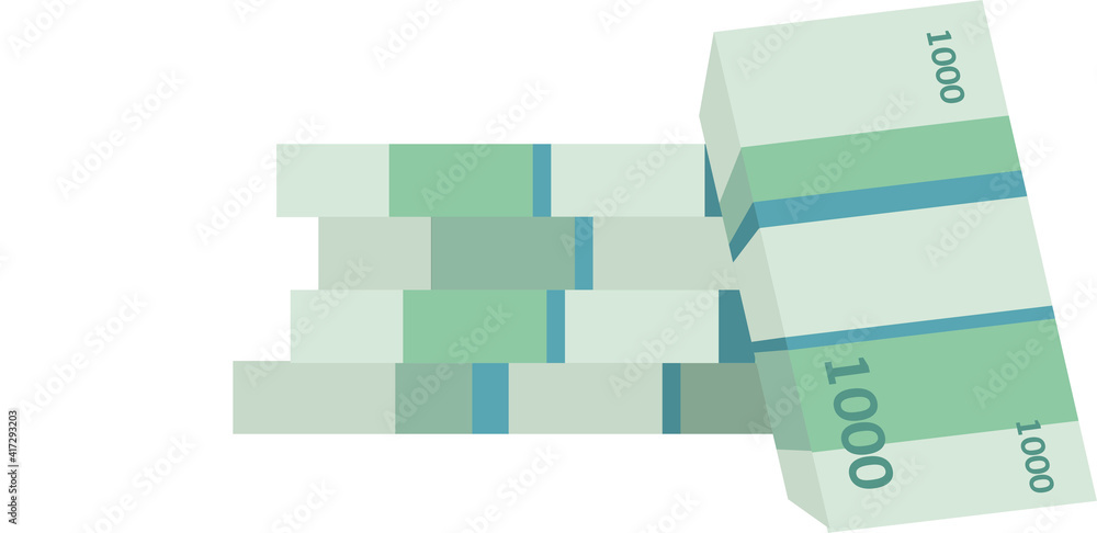 Several bundles of 1000 denomination money isolated on a white ...