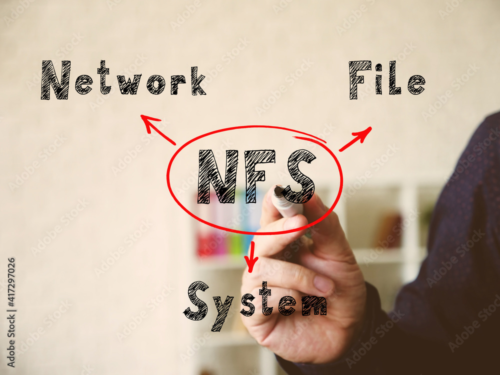 NFS Network File System written text. Male hand is ready for drawing ...