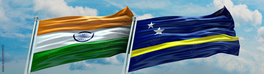 Curaçao Flag and India flag waving with texture sky Cloud Double flag ...