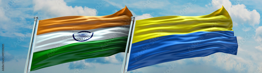 Ukraine Flag and India flag waving with texture sky Cloud Double flag ...