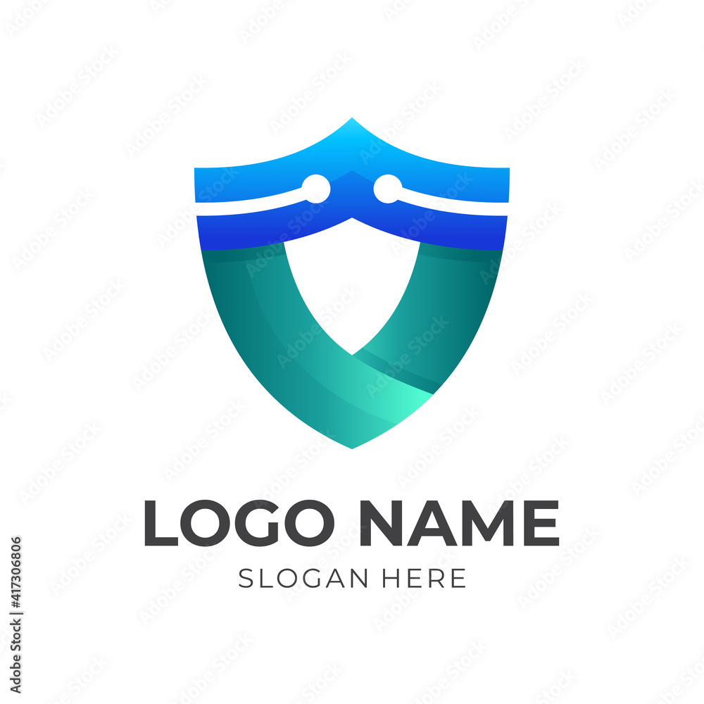 shield tech logo, shield and technology, combination logo with 3d green ...
