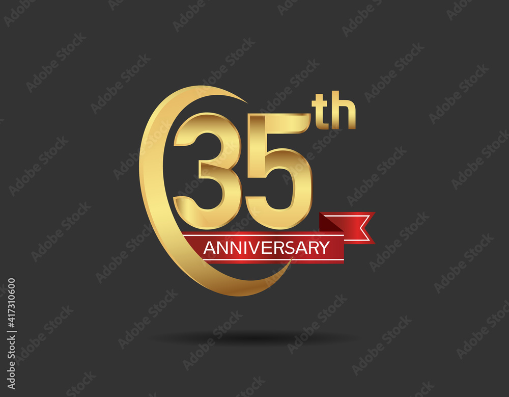 35 years anniversary logo style with swoosh ring golden color and red ...