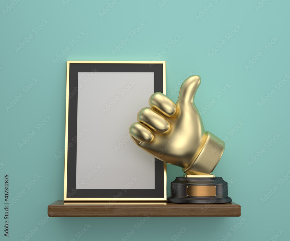 Gold trophy and photo frame on shelf realistic side view composition ...