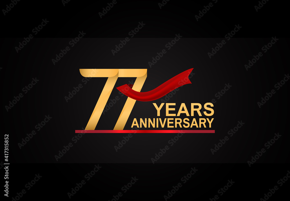 77 years anniversary design with red ribbon and golden color isolated ...
