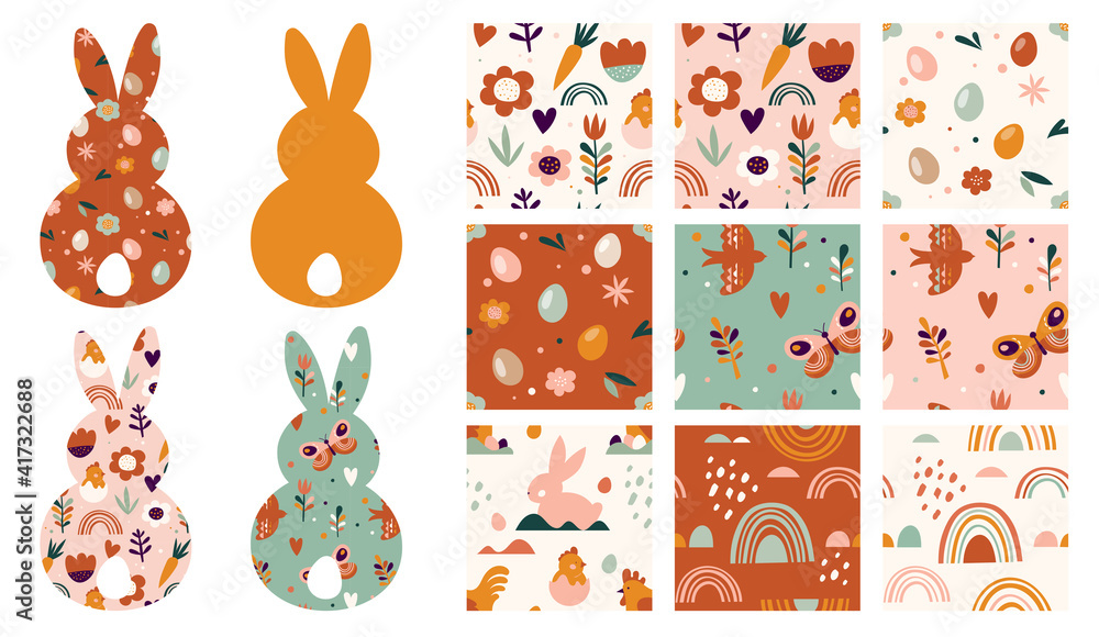 Boho Easter concept design, seamless patterns and bunnies, eggs, flowers and rainbows in pastel ...
