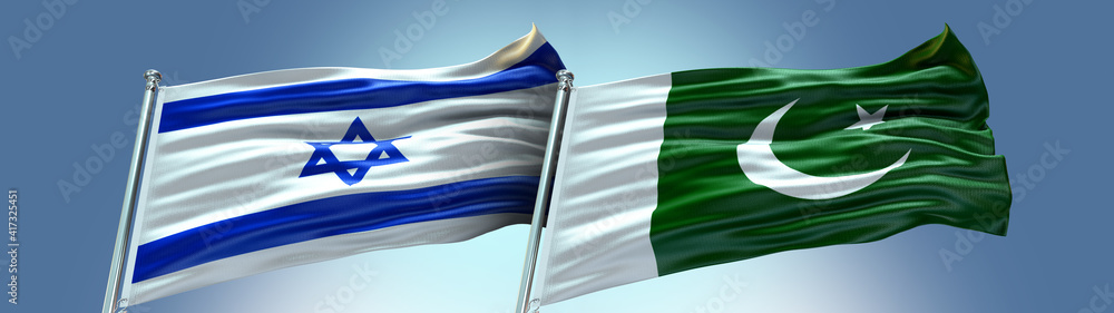 Pakistan Flag and Israel Flag waving with texture Blue sky Double flag ...
