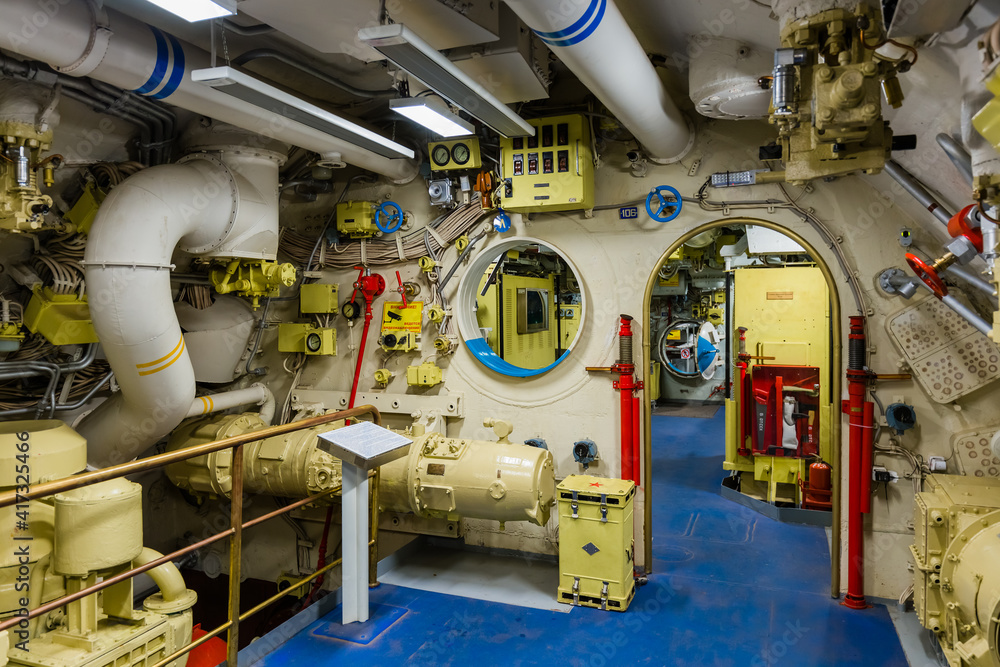 Moscow, Russia - May 04, 2018: Interior of Russian Soviet submarine in ...