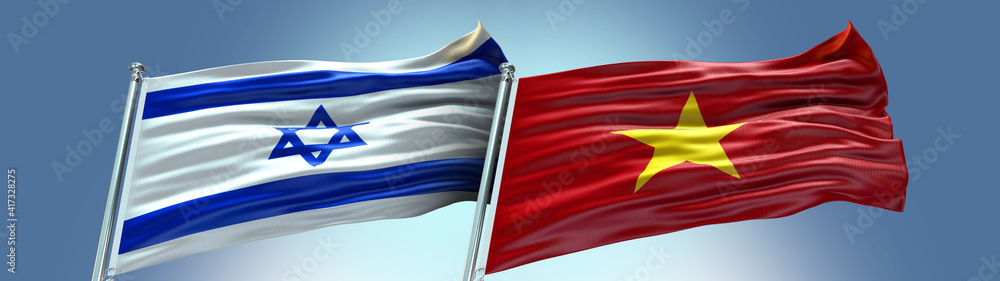 Vietnam Flag and Israel Flag waving with texture Blue sky Double flag ...