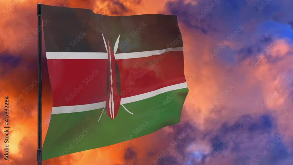 Kenya flag on pole with sky background seamless loop 3d animation Stock ...