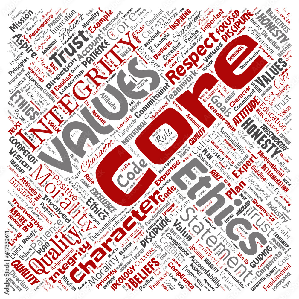 Vector conceptual core values integrity ethics square red concept word ...