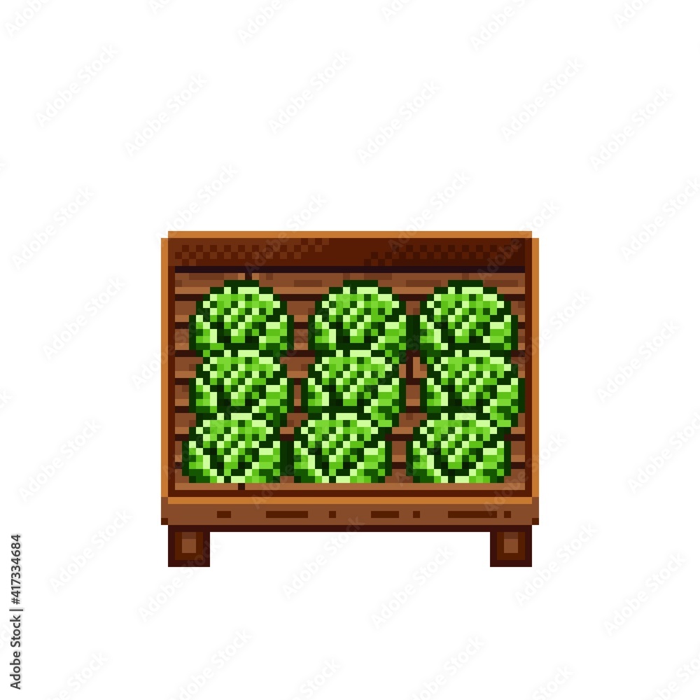 Vegetable shop pixel art. Cabbage in a wooden crate. Green headed ...