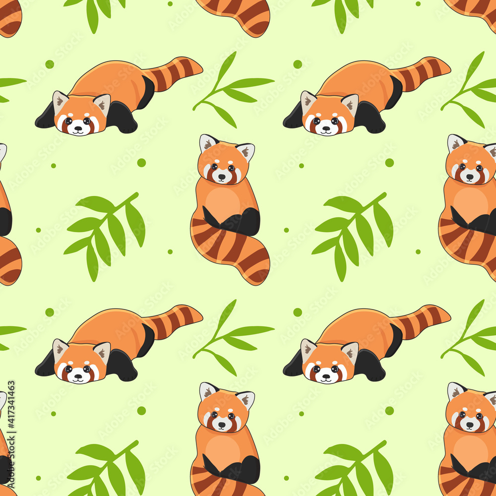 Seamless pattern of cute red panda and bamboo. Cartoon design animal ...