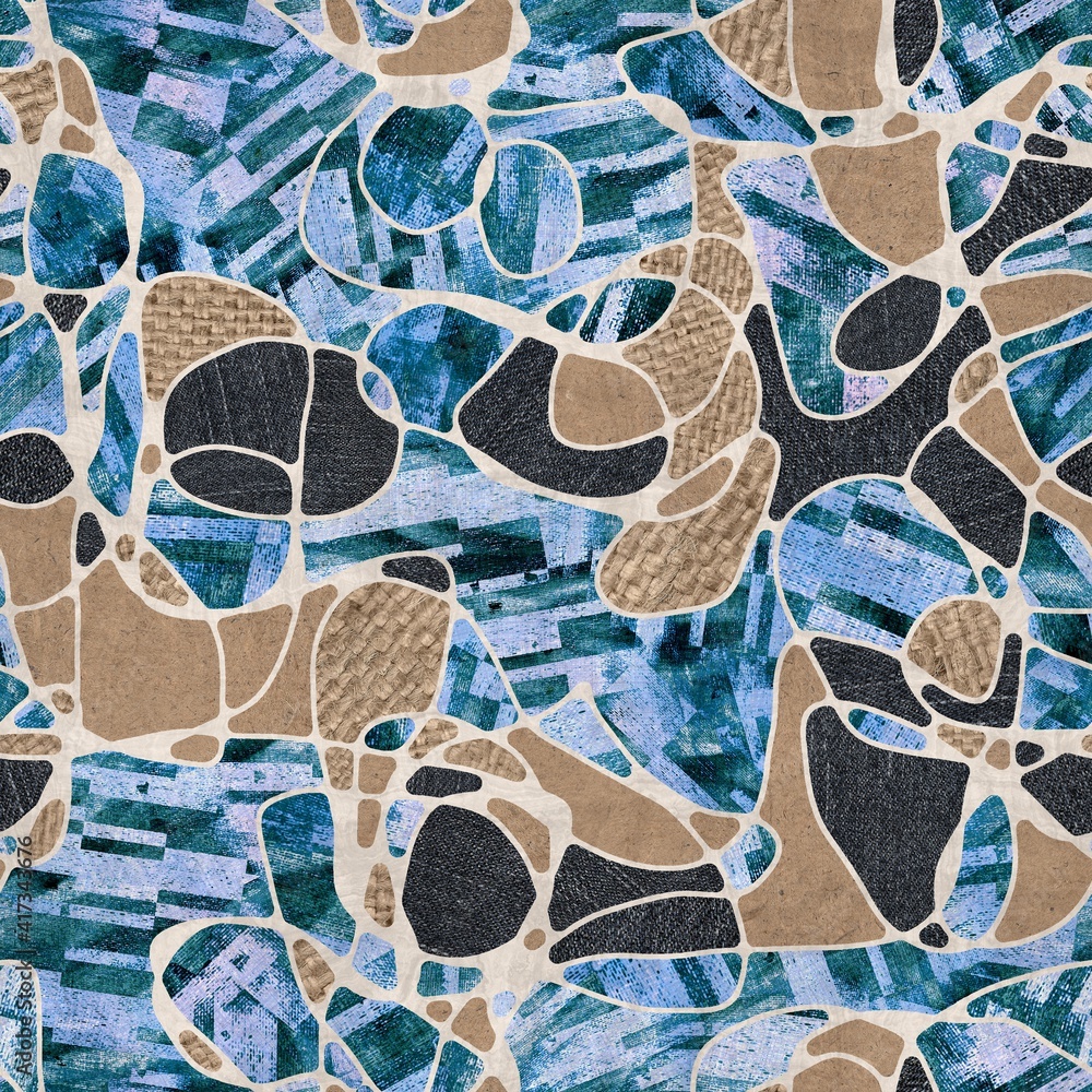 Seamless collage of burlap cardboard and denim randomly dispersed in a ...