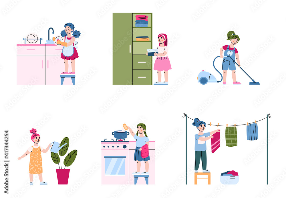 Kid girl helping with housework - home cleaning, washing dishes ...