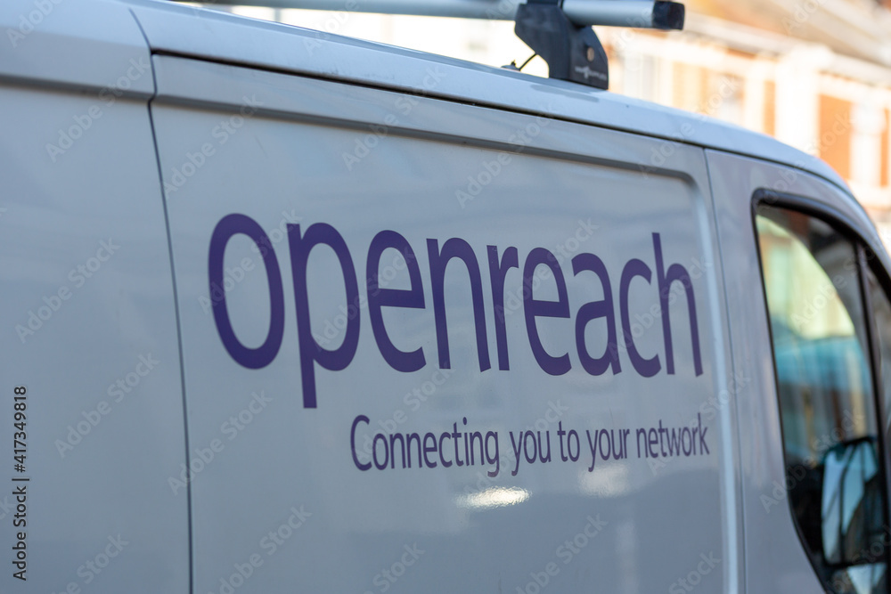 02-28-2021 Portsmouth, Hampshire, UK The side of an Openreach van with ...