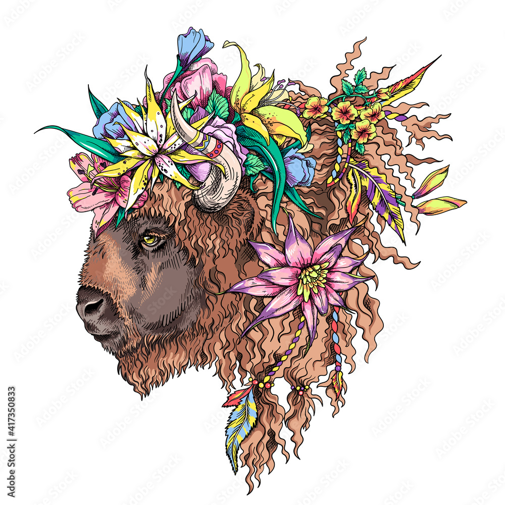 Bison with exotic flowers, braids and feathers. Beautiful wild animal ...