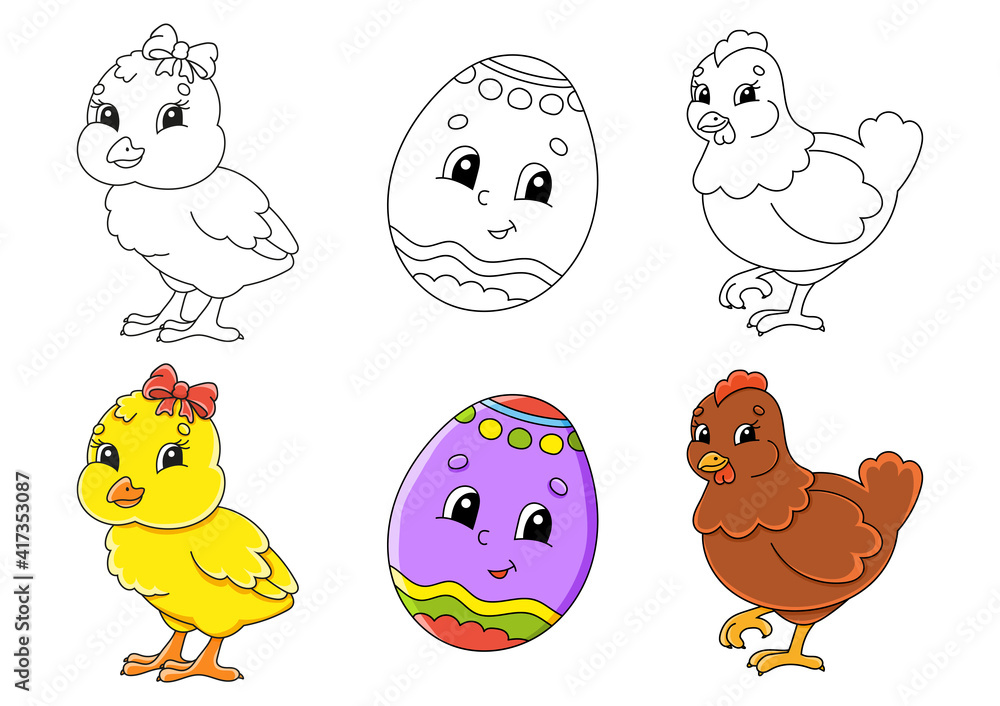 Easter theme. Set coloring page for kids. Cute cartoon characters ...