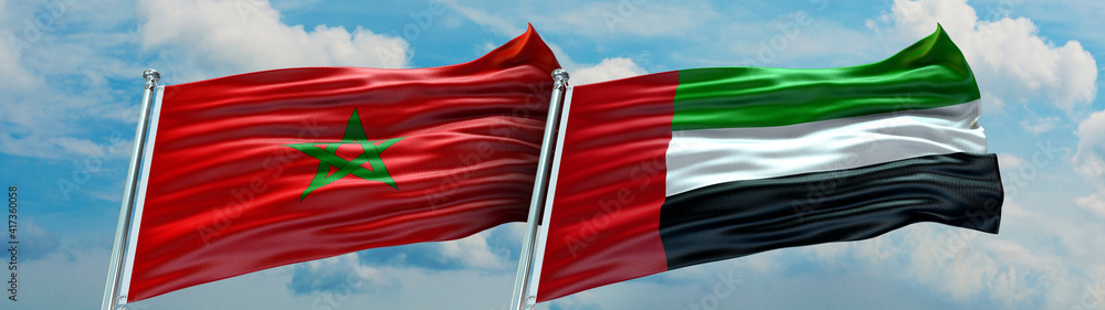 United Arab Emirates Flag and Morocco Flag waving with texture in Blue ...