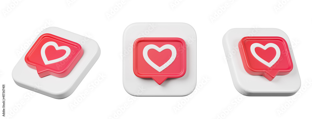 Set of three icons red like notification with heart symbol at white ...