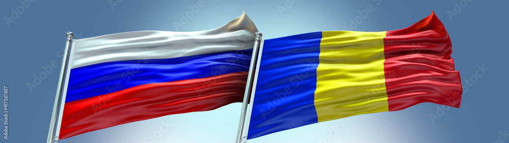 Romania Flag and Russia Flag waving with texture in Blue sky and clouds ...