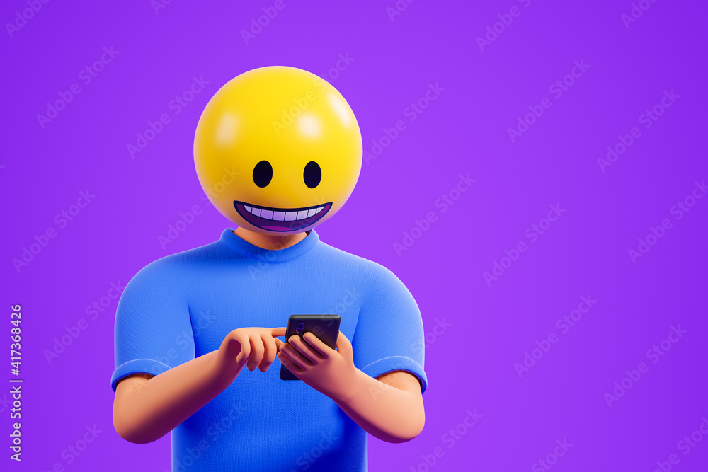 Portrait of happy cartoon character man with yellow emoji smile head ...