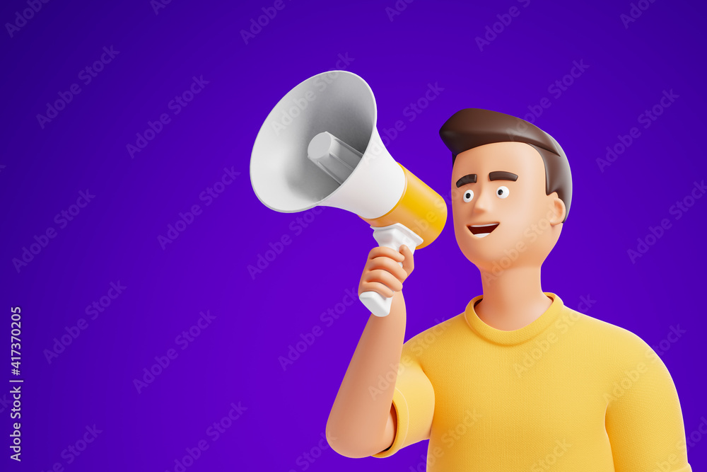 handsome cartoon character man in yellow shirt making announcement with ...