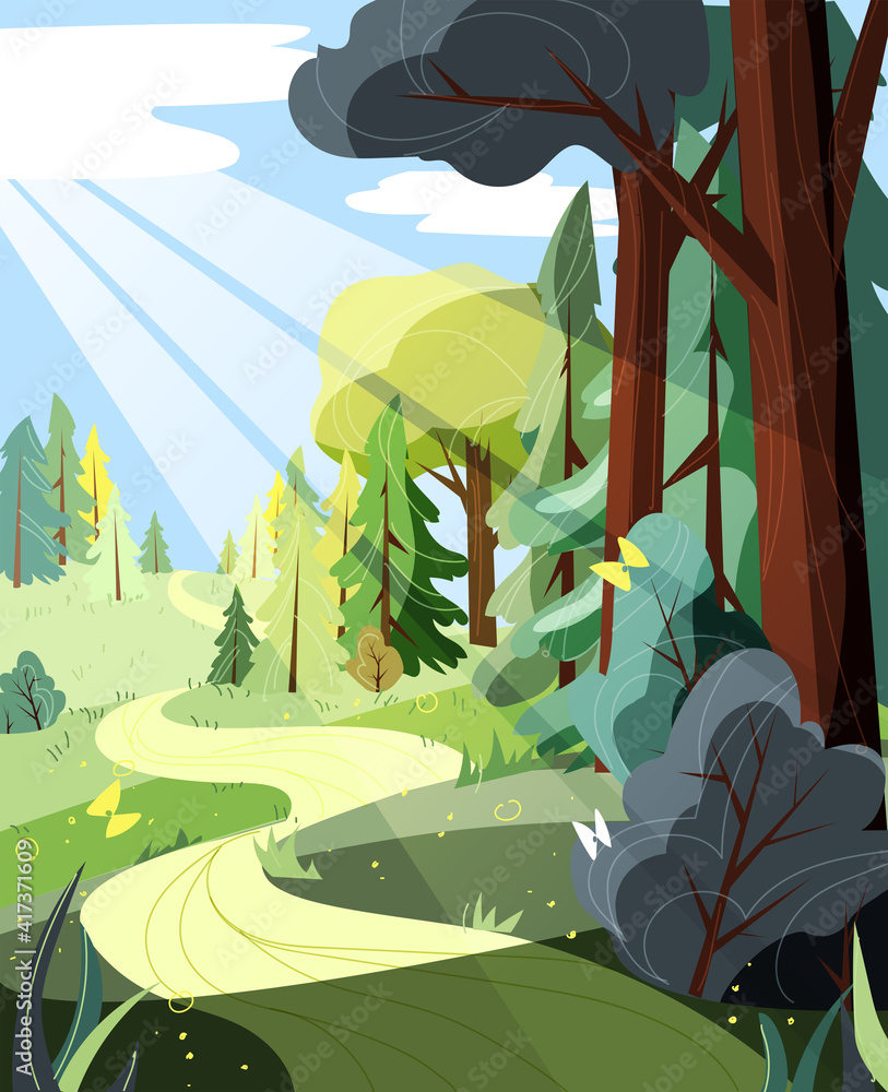 Cartoon illustration fantasy forest with trees and falling sun rays ...