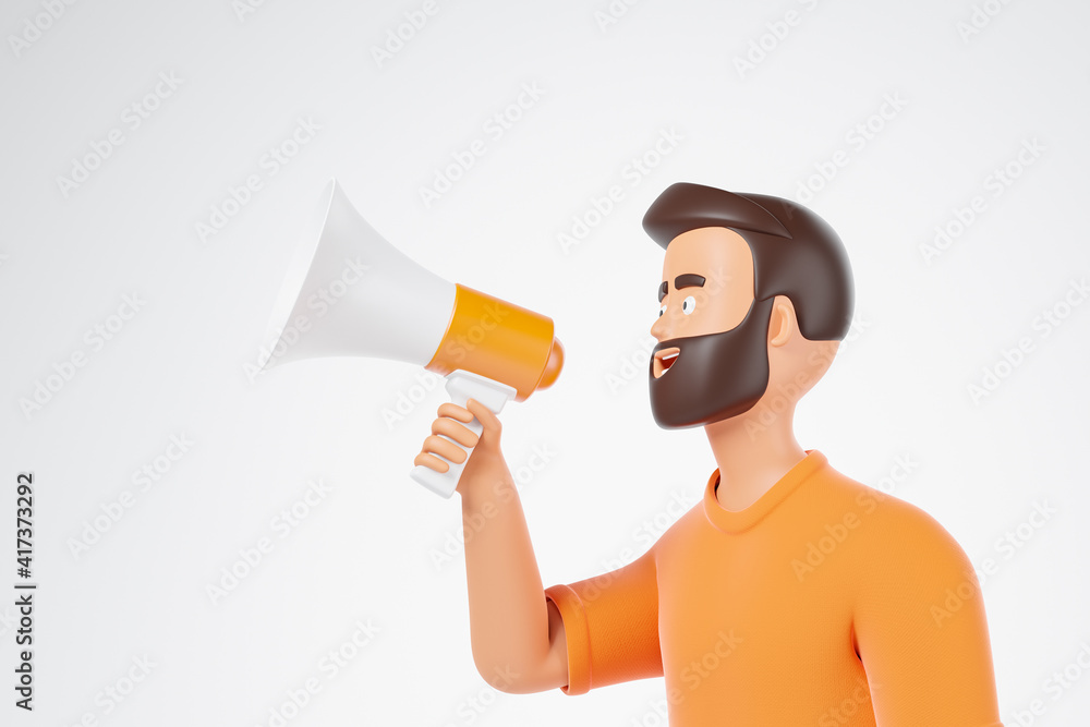 Cartoon beard character man making announcement with megaphone ...