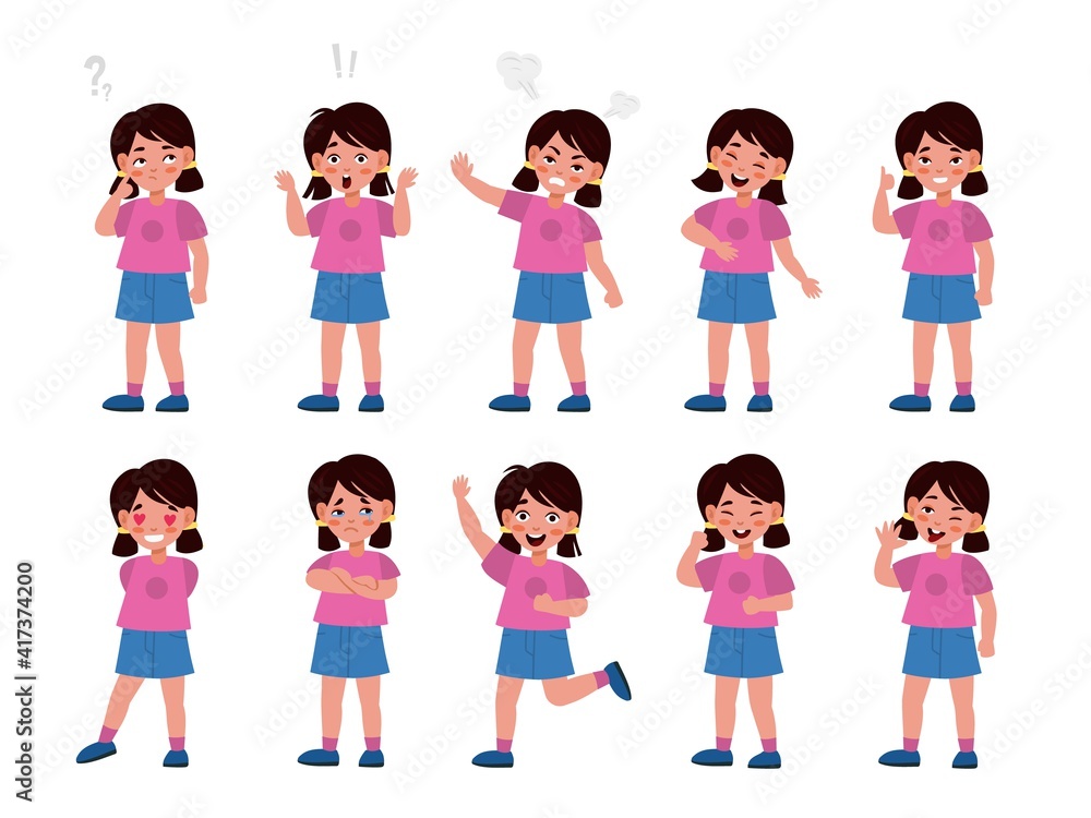 Girl emotions set. Emotional kid character in different poses, feelings ...