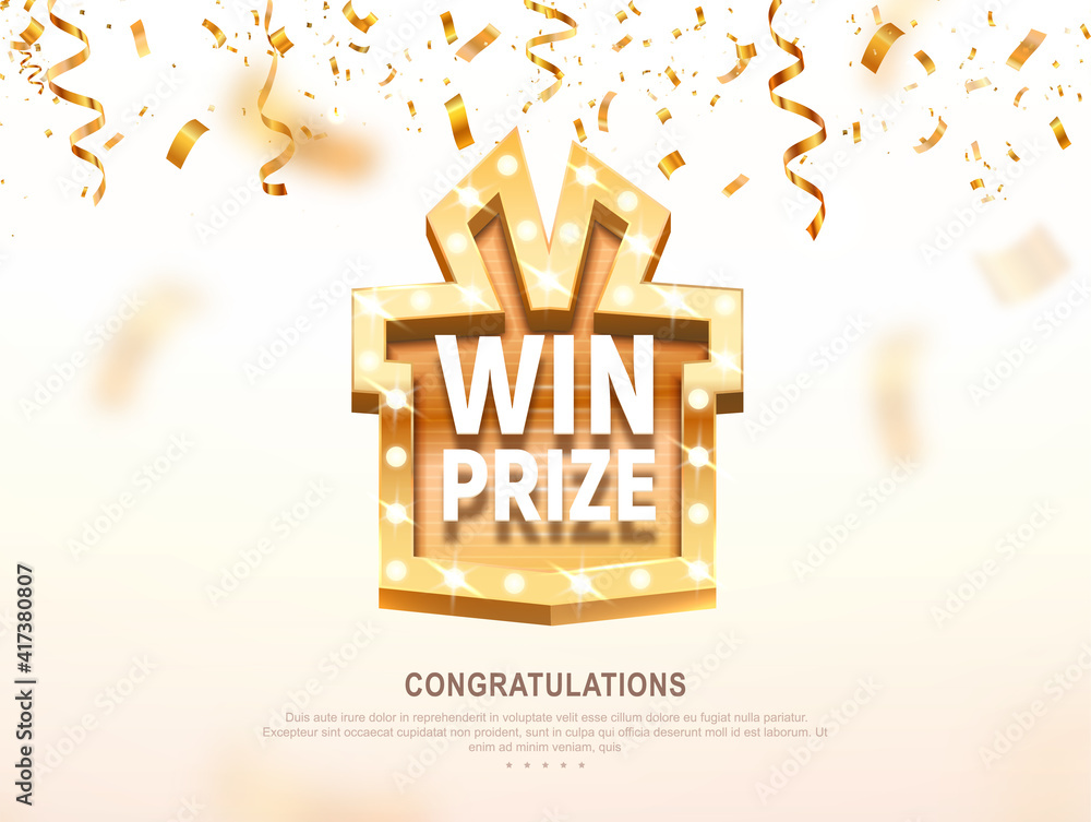 Win prize gift box with golden retro board broadway sign vector ...